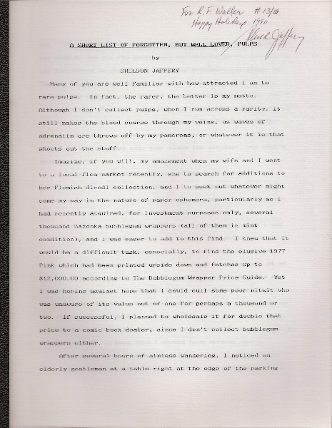 Publication: A Short List of Forgotten, But Well Loved, Pulps